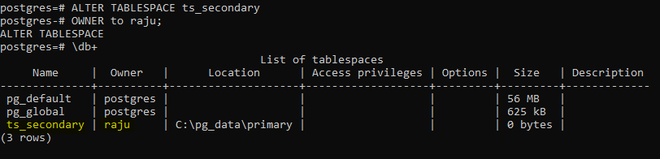 PostgreSQL ALTER TABLESPACE 